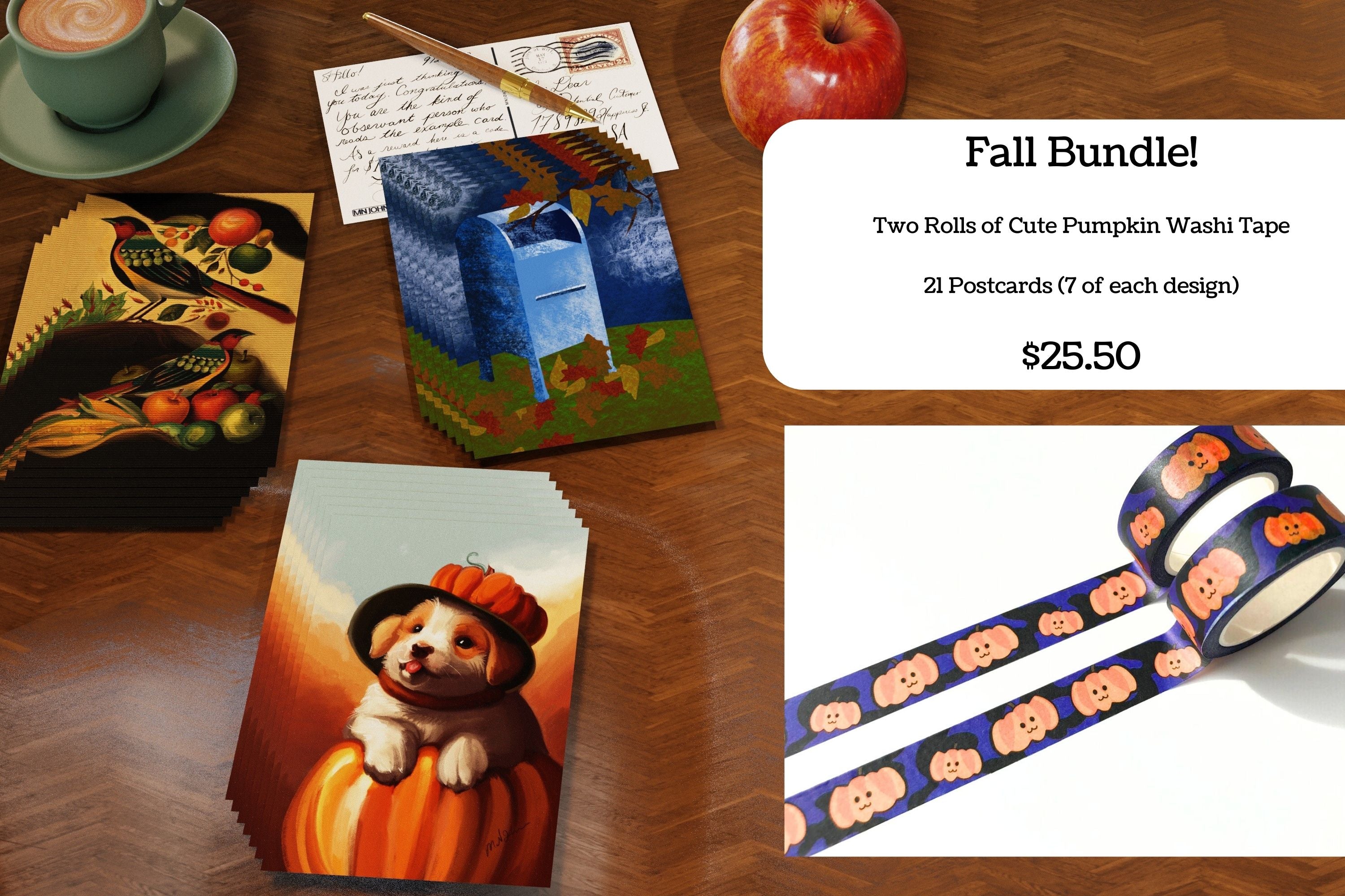 Fall Bundle: 21 Autumn Postcards and Two Rolls of Washi Tape – MN John