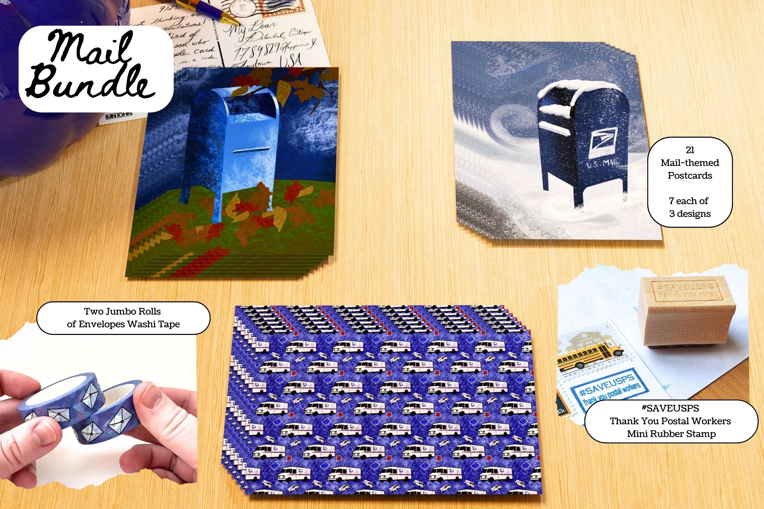 Mail Bundle - 21 Mail-Themed Postcards, Two Rolls of Washi Tape and a ...
